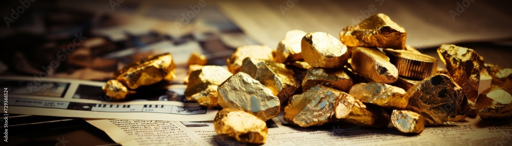 Natural gold nuggets displayed on a map with mining pan, symbolizing ...