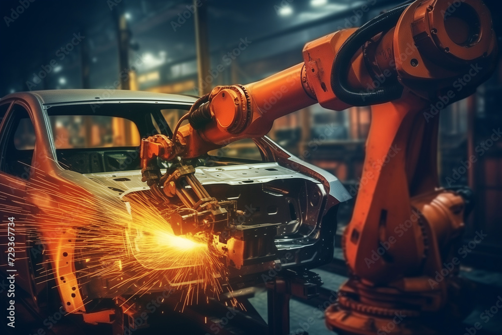 Automated Robotic arms line welding assembly car working at futuristic factory, industrial ...