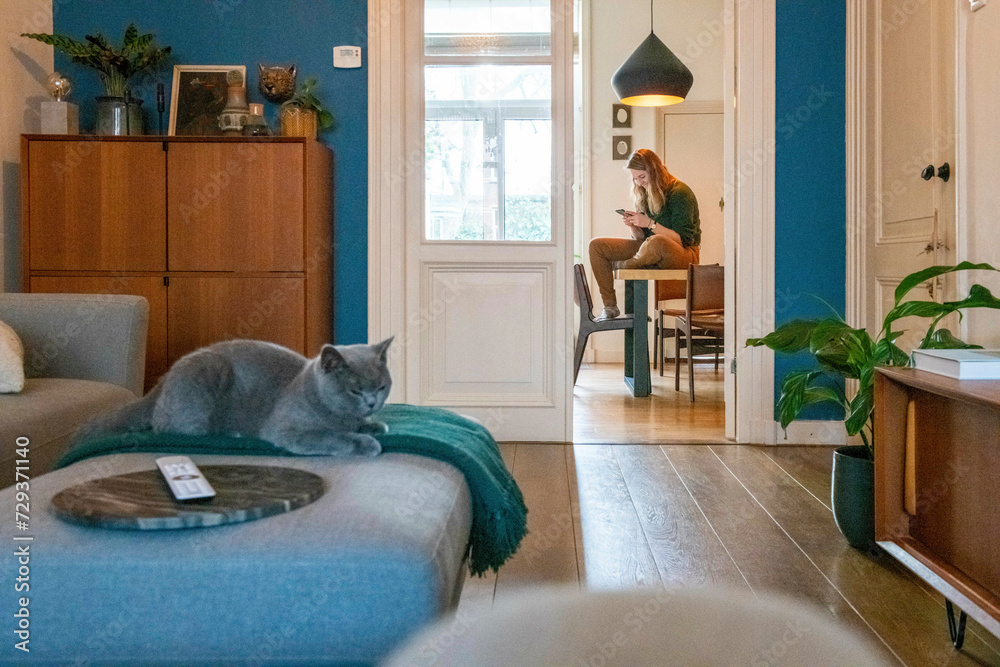 Nederland - Een jonge vrouw zit in de keuken op tafel op haar telefoon ...