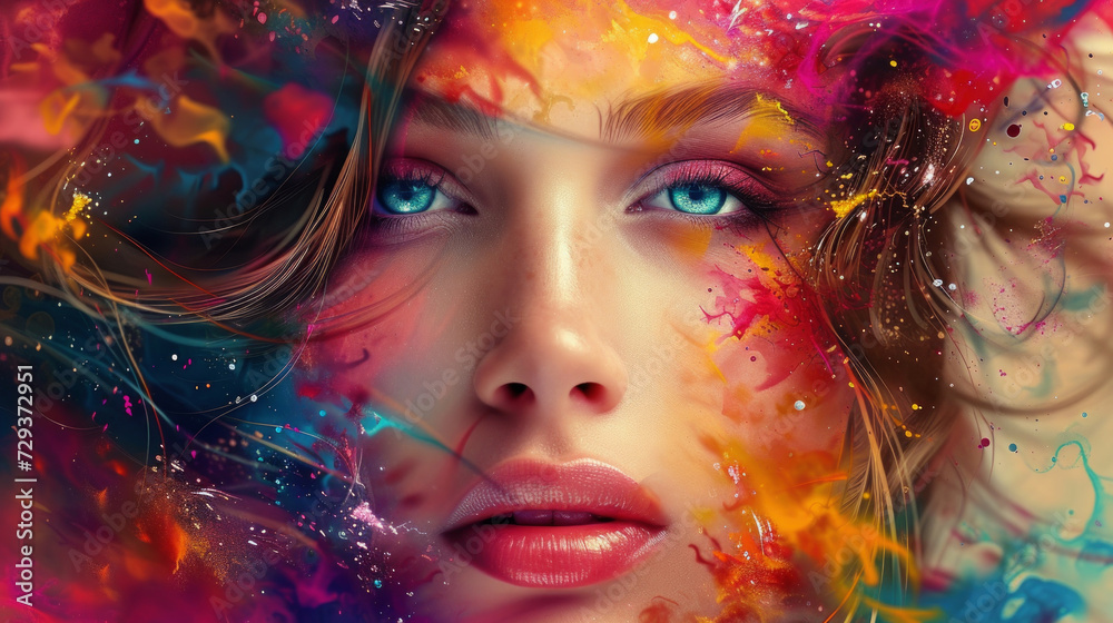 Elegant Woman With Piercing Blue Eyes: A Colorful Modern Portrait of ...