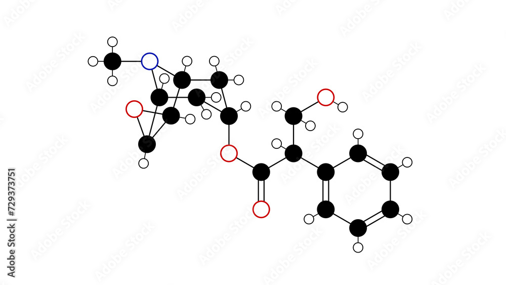 scopolamine molecule, structural chemical formula, ball-and-stick model ...