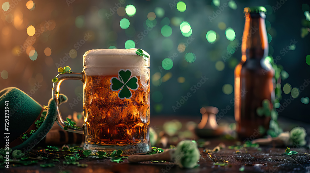 full cold frosty glass of beer pint for Saint Patrick day on wooden table with blurred bottle ...