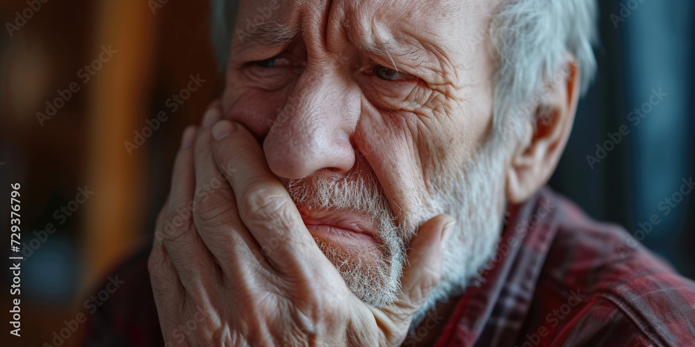 Senior old man pressing sore cheek on studio background. Adult male ...