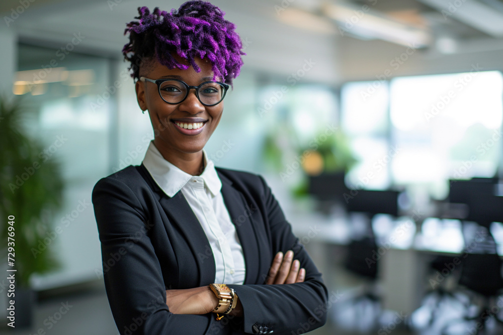 Expressive African American non-binary woman with short dyed purple ...