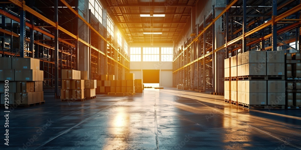 In the warehouse interior, a showcased pallet of boxes and tall shelves ...
