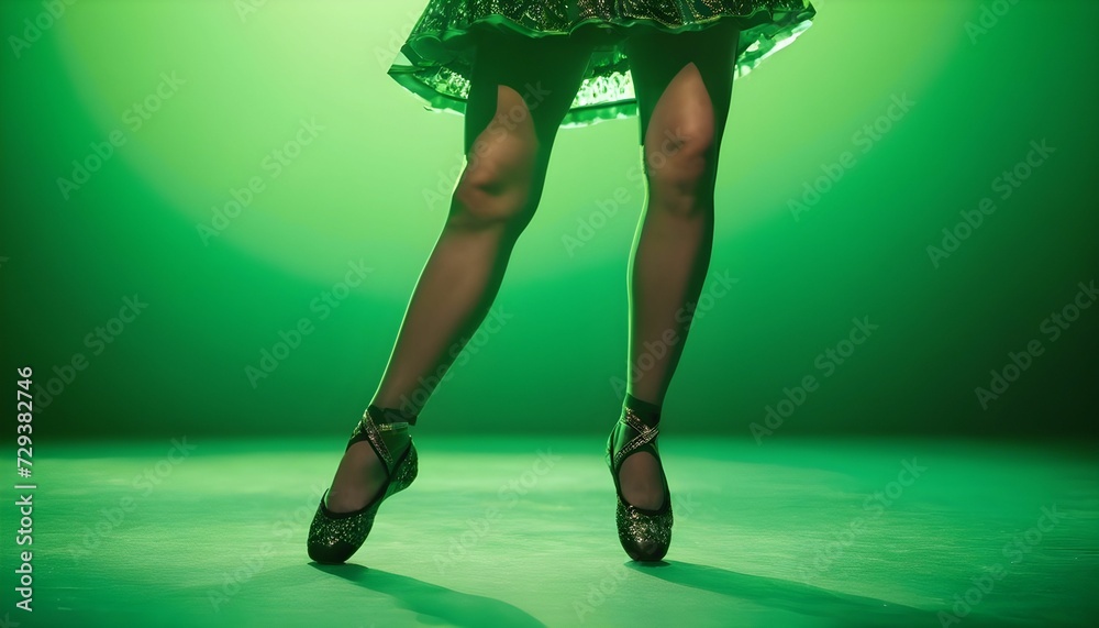 Irish dancing legs close up on stage on bright green lighting stage ...
