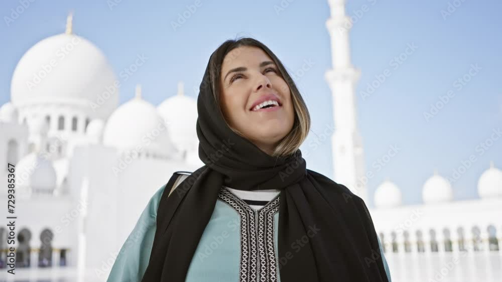 A smiling woman wearing a hijab stands before the white domes of sheikh ...