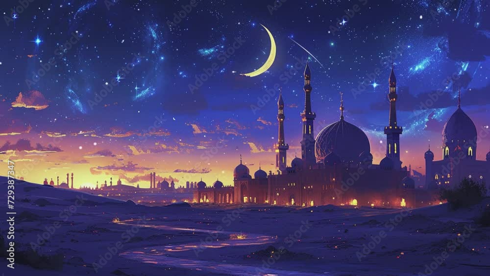 Animation of islamic background. Mosque with crescent moon and stars at ...