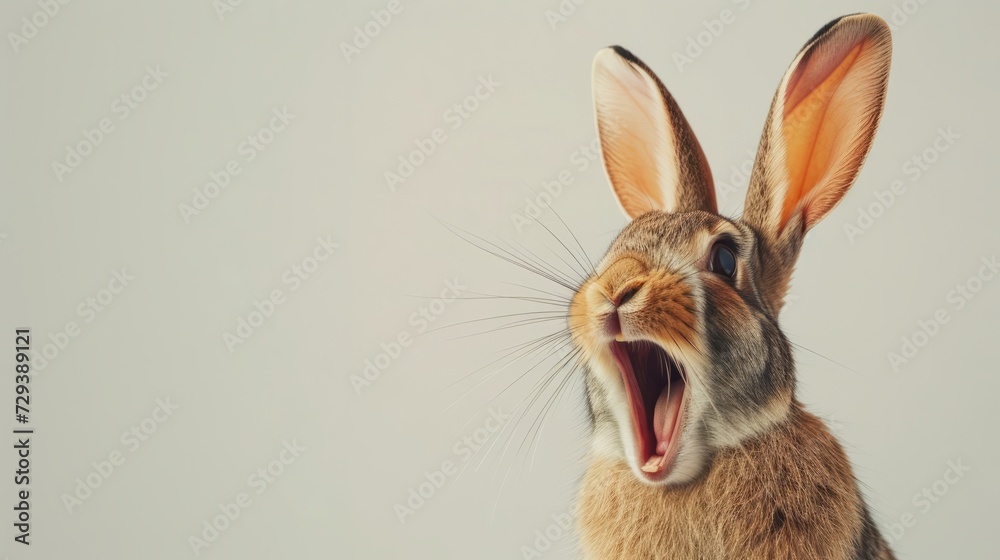 Happy funny excited rabbit hare with long ears and wide open mouth on ...