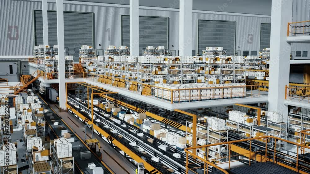 Loop Transmitting Of Packaging Box On The Conveyor Belt, 3D Rendering ...