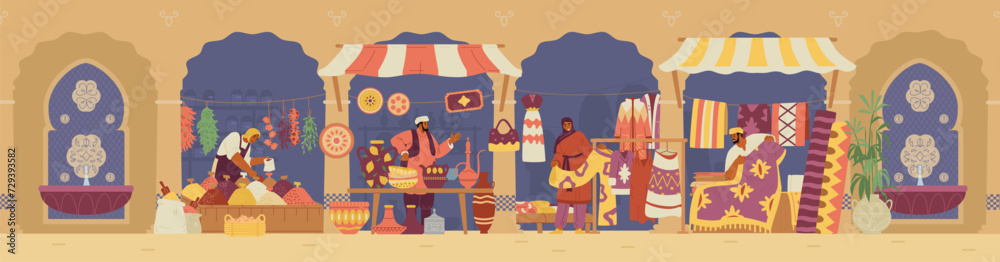 Vetor de Arabian street bazaar with sellers with pottery, carpets ...