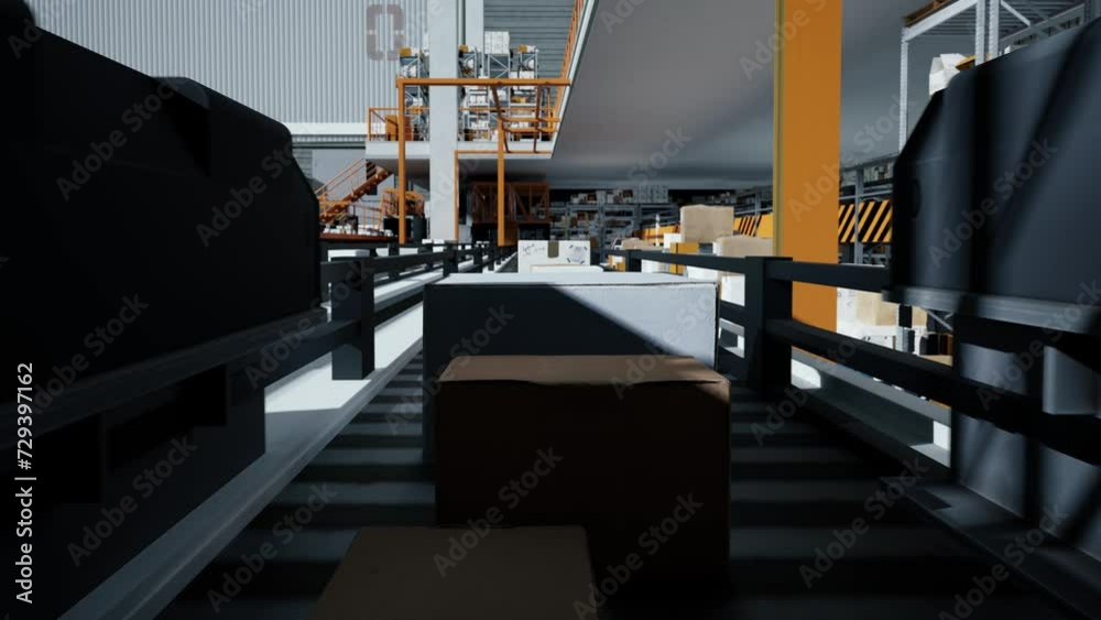Close Up Of Packaging Box On The Conveyor Belt, 3D Rendering. Loop ...