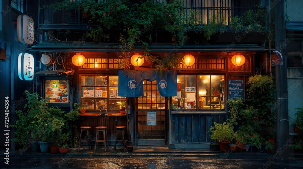 Facade, from the street in Tokyo, of a traditional ramen restaurant ...