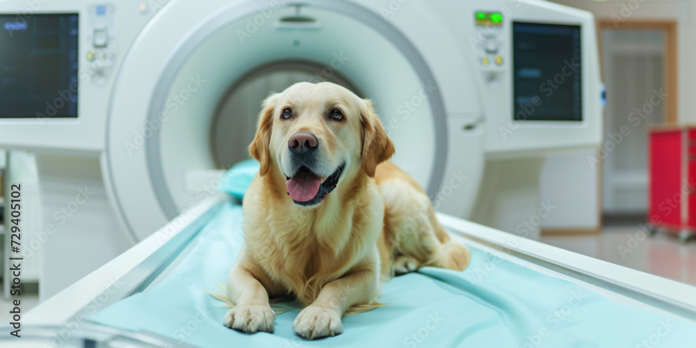 Vets examining x-ray on Labrador dog lying in veterinary surgery ...