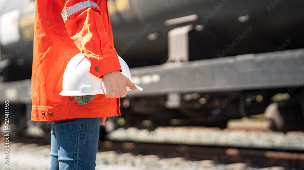 Close-up at a worker is holding white safety helmet, posing on crude ...