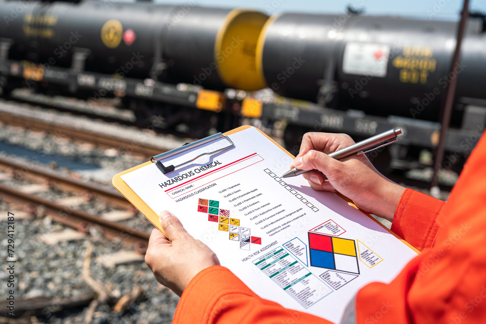 Action of an engineer is checking on chemical hazardous material ...