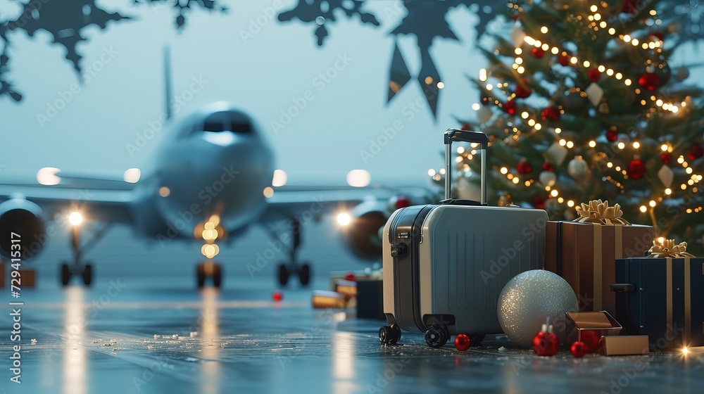 Holiday season travel concept depicted with luggage, presents, and a ...