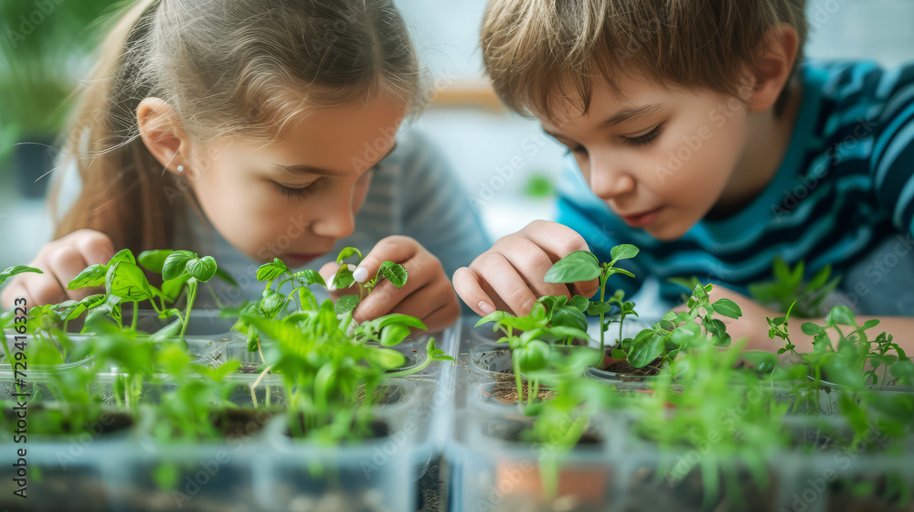Children Learning Plant Growth Hands-On, Young children are closely ...