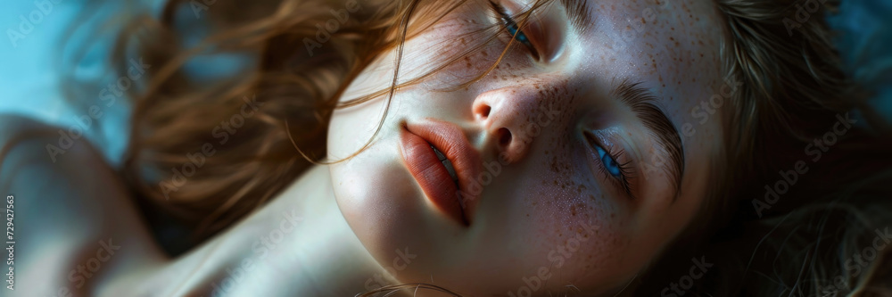 Young beautiful white redhead woman with freckles sleeping on bed ...