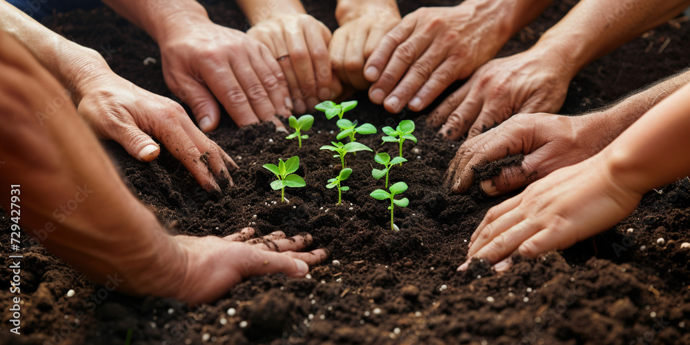 Caring for environment ecology. Many hands dig ground around plants ...