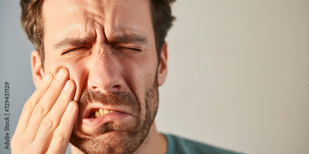 Male pressing sore cheek on studio background. Adult man suffers acute ...