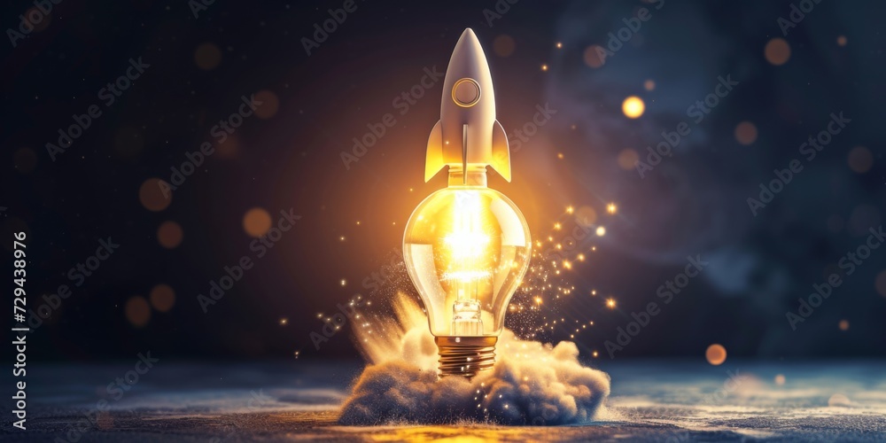 An Innovative Rocket Launches From A Bright Lightbulb, Symbolizing A ...