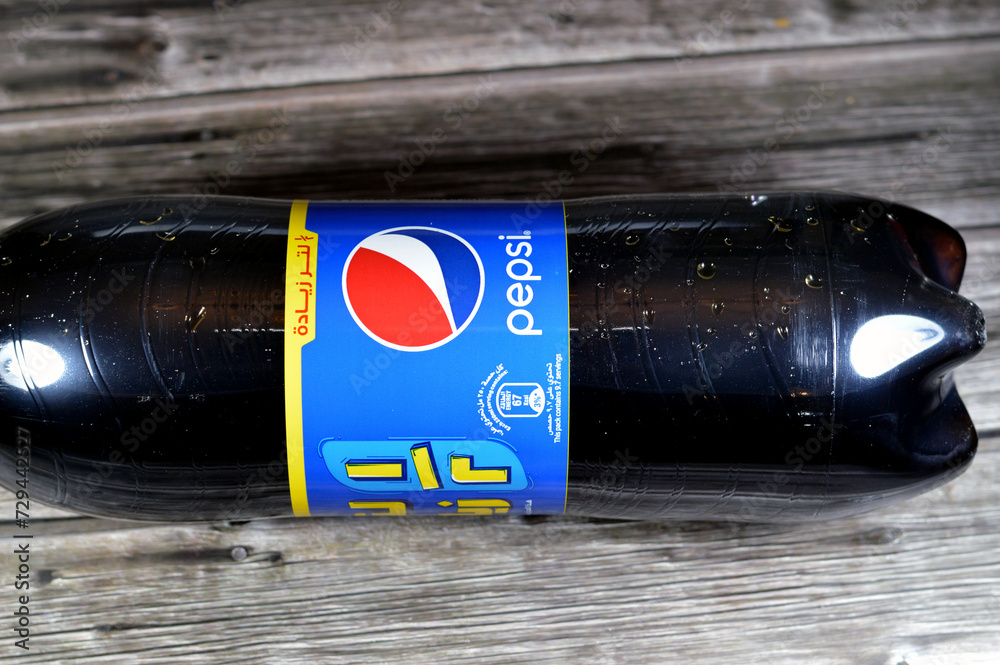 Cairo, Egypt, February 4 2024: Pepsi, a Cola flavor plastic bottle, a ...