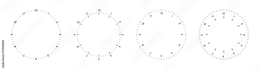 Round clock faces scale isolated on white background. Measuring circle ...