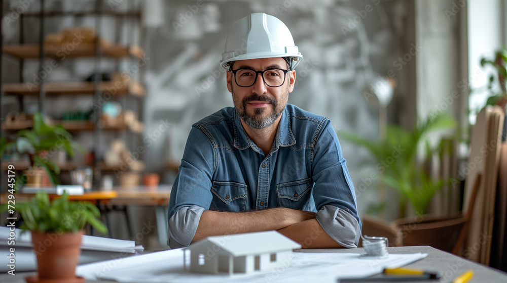 Smiling Engineer wear yellow hard safety helmet in a warehouse portrait ...