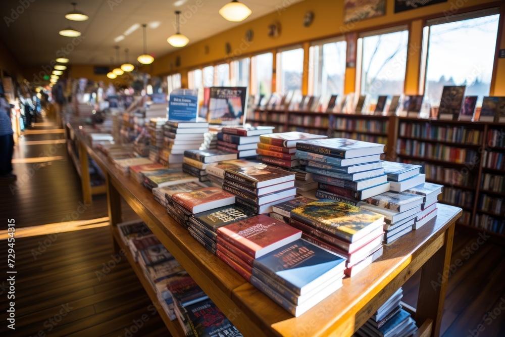 Bookstore display table with stacks of new books and aisle of ...
