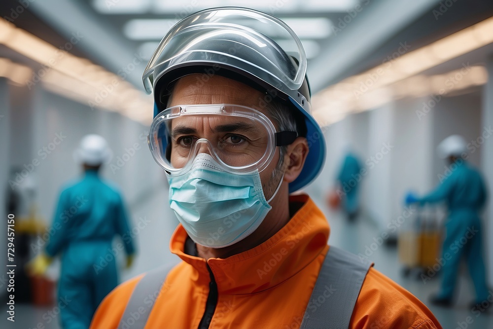 Man, face mask and PPE with goggles and safety, Covid compliance with ...