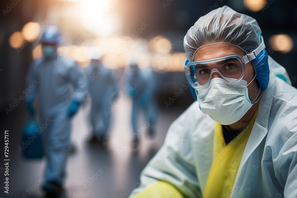 Man, face mask and PPE with goggles and safety, Covid compliance with ...