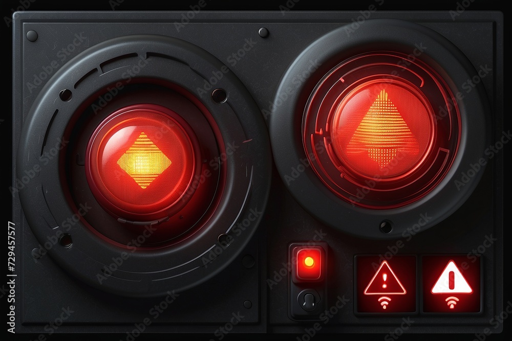 Red alert lamp or warning indicator on black panel glowing. Red alert ...
