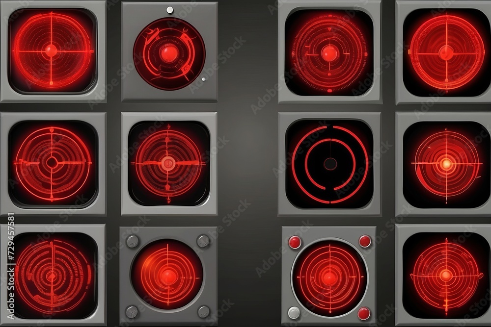 Red alert lamp or warning indicator on black panel glowing. Red alert ...