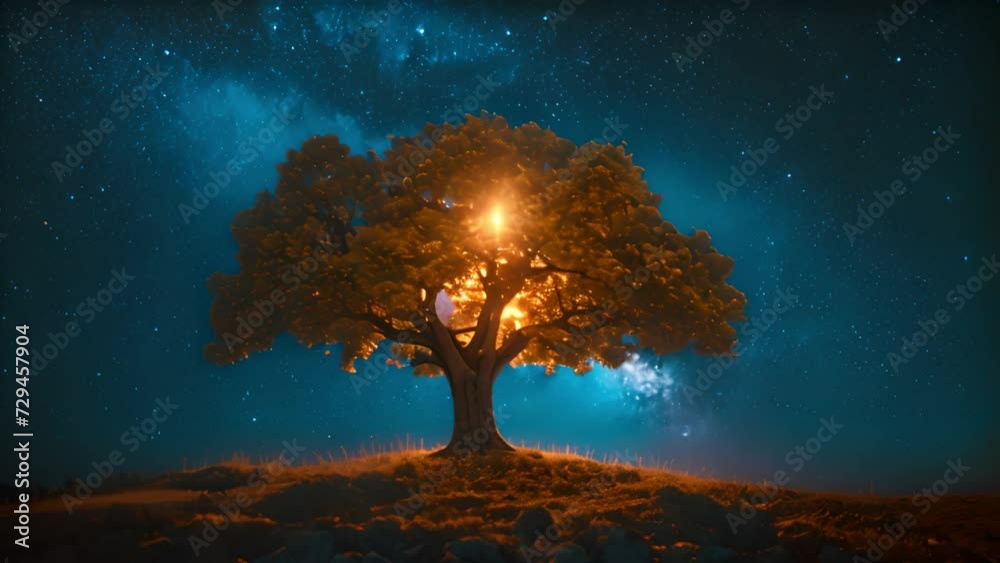 4k Big beautiful tree against the African night sky with the Milky Way ...