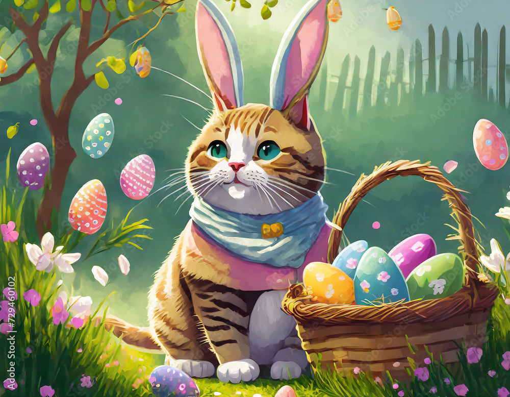 Katze im Garten als Osterhase verkleidet mit bunten Eiern im Korb Stock ...