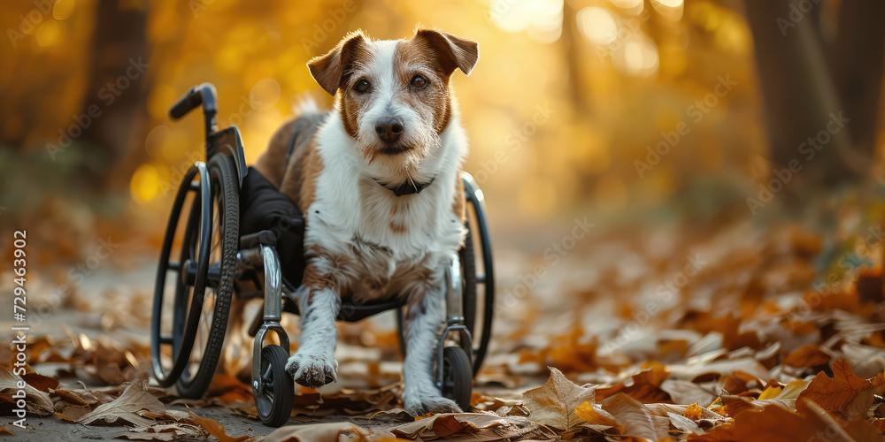 Adult dog with disability in Wheelchair Enjoying Autumn Park. Disabled ...