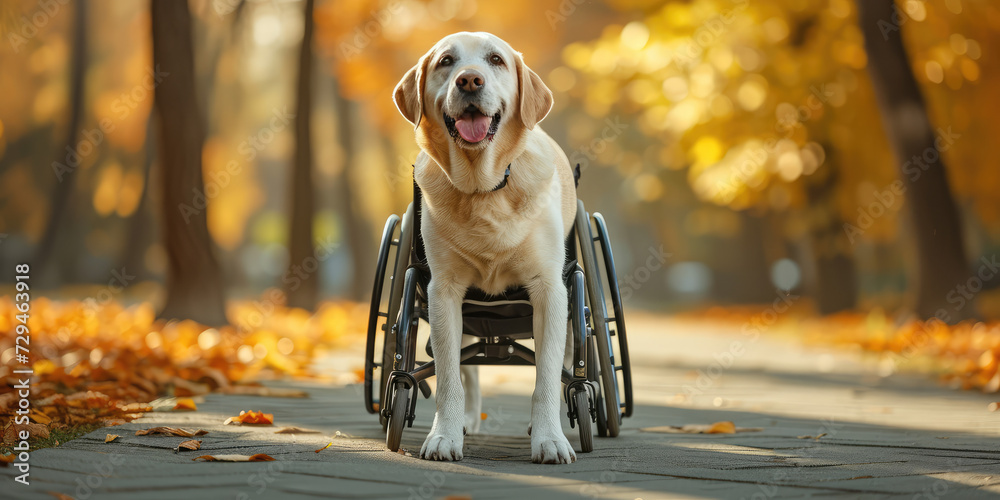 Adult dog with disability in Wheelchair Enjoying Autumn Park. Disabled ...