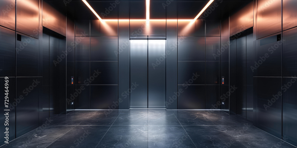 Modern Empty Elevator Interior with golden light. Symmetrical view of ...