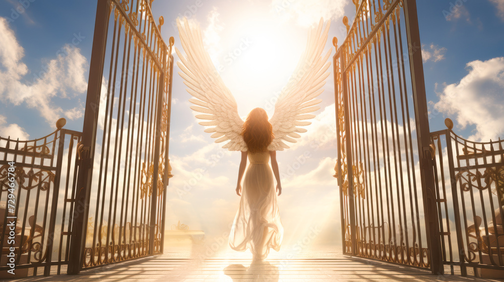 Angel with wings goes through the Golden Gates of heaven with sunshine ...
