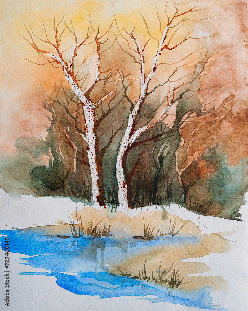 Nice watercolor painting of dying leafless trees in winter trees at ...