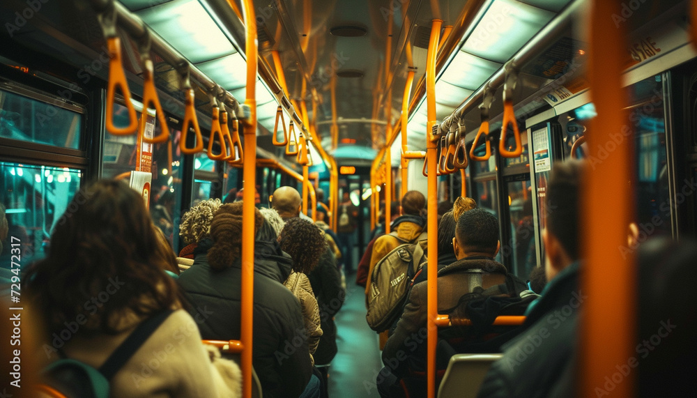 In this photograph, we see a bustling city bus filled with a diverse ...