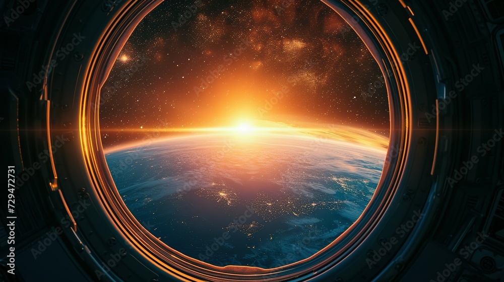 spaceship round window with sunrise over planet view, space station ...