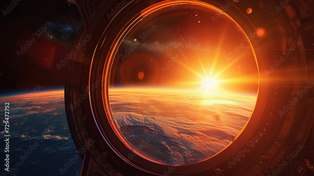 spaceship round window with sunrise over planet view, space station ...