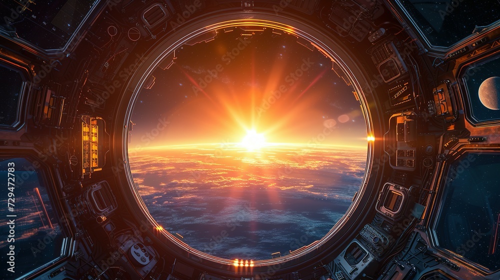 spaceship round window with sunrise over planet view, space station ...