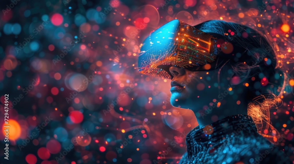 VR glasses. A woman in a futuristic LED-lit VR headset is bathed in the ...