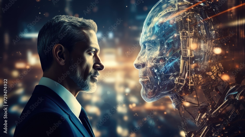 A composed man in a suit confronts a complex robotic head, symbolizing ...