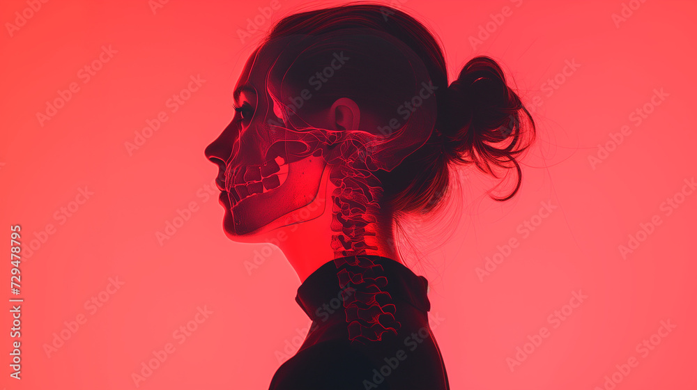 Profile of a woman with a skeletal x-ray overlay on a red background ...
