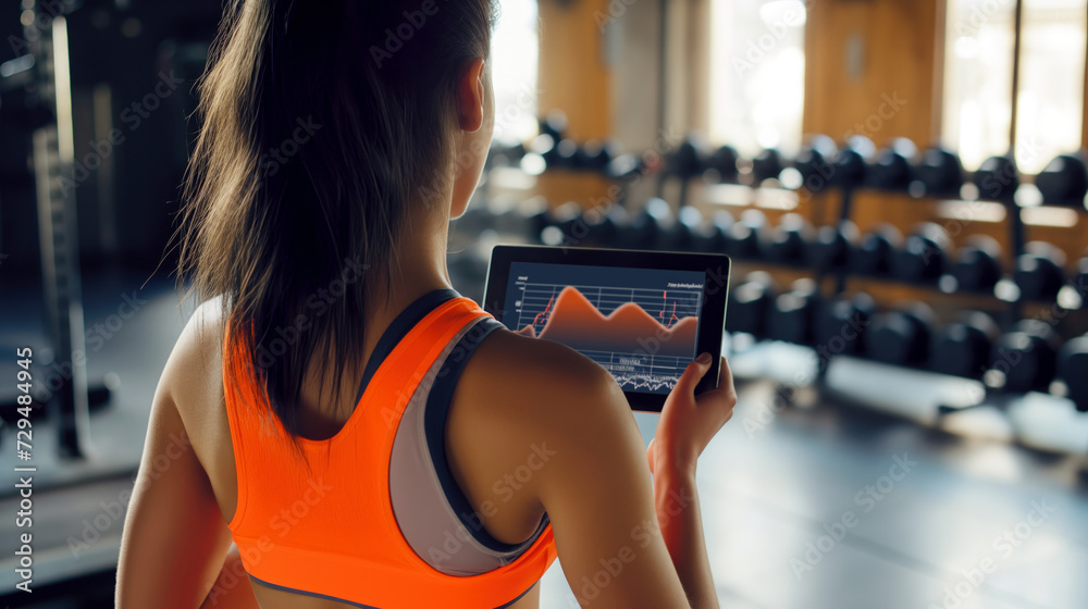 White woman tracking physical performance and progress from tablet in ...