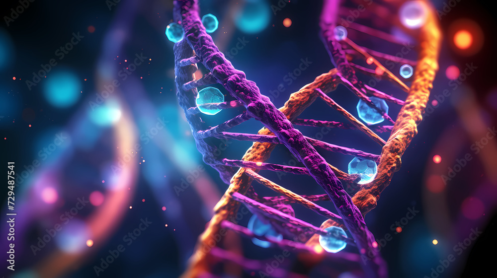 3D rendering genetic diagram of human DNA under microscope Stock ...
